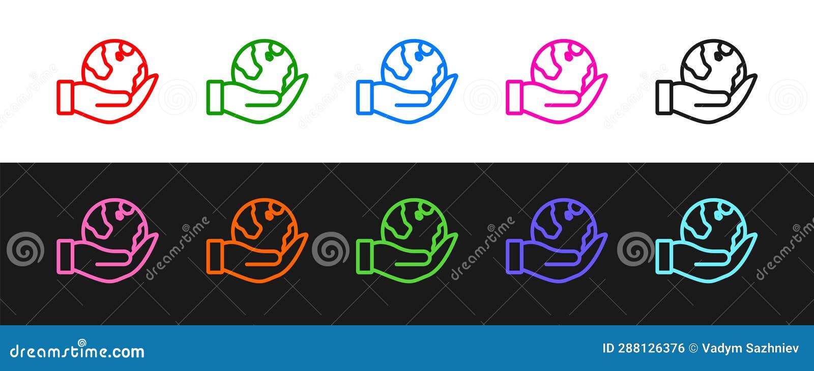 Set Line Human Hand Holding Earth Globe Icon Isolated On Black And