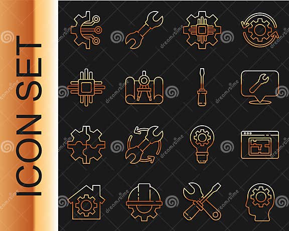 Set Line Human Head with Gear Inside, House Plan, Location Wrench Spanner, Processor, Graphing ...