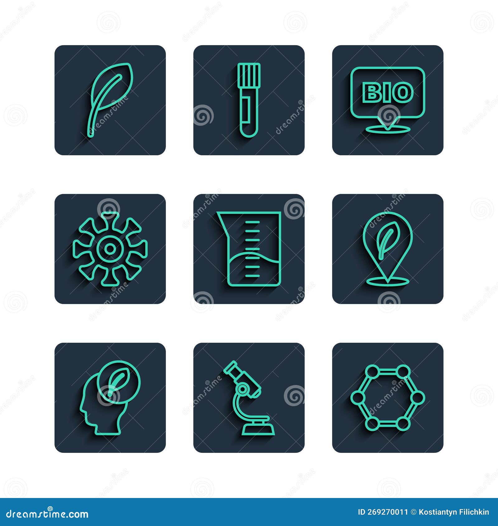 Set Line Human Head with Leaf Inside, Microscope, Molecule, Bio Healthy ...