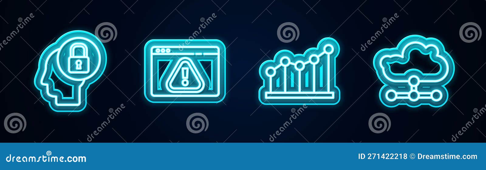 Set Line Human Head with Lock, Browser Exclamation Mark, Pie Chart Infographic and Network Cloud ...