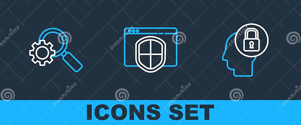 Set Line Human Head with Lock, Magnifying Glass and Gear and Browser ...