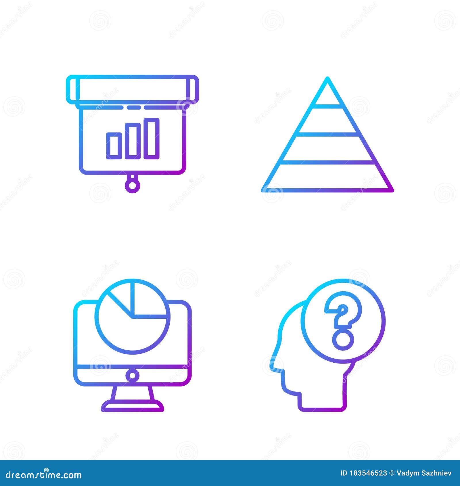 Set Line Human Head with Question Mark, Computer Monitor with Graph Chart, Graph, Chart, Diagram ...