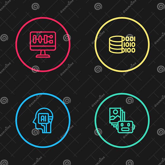 Set Line Humanoid Robot, Artificial Intelligence, Binary Code and Algorithm Icon. Vector Stock ...