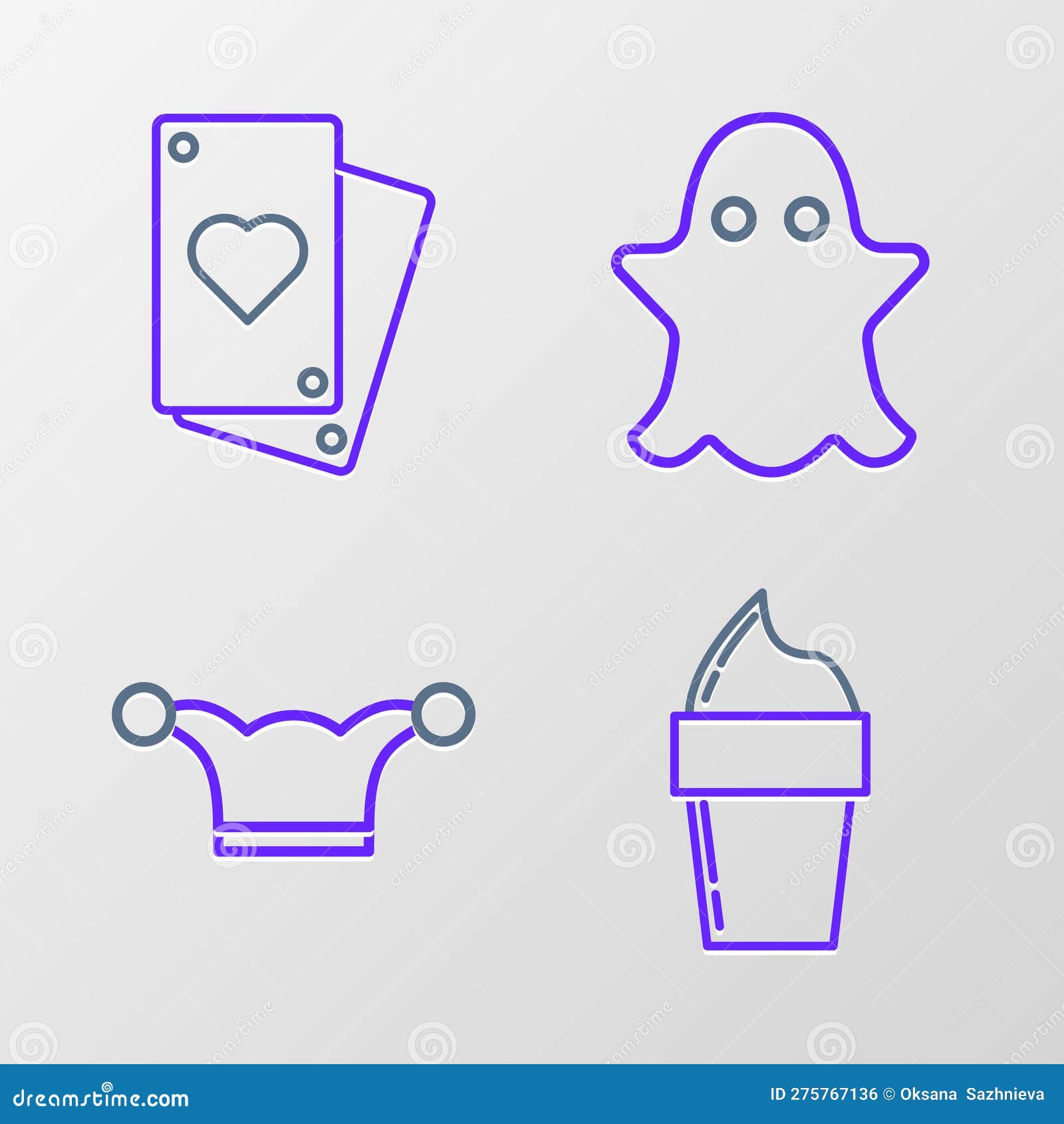 Set Line Ice Cream in Waffle Cone, Jester Hat with Bells, Ghost and ...