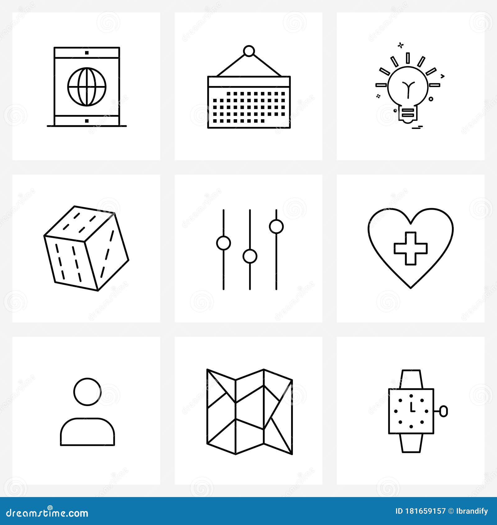 Set of 9 Line Icon Signs and Symbols of Panel, Control, Bulb, Board ...