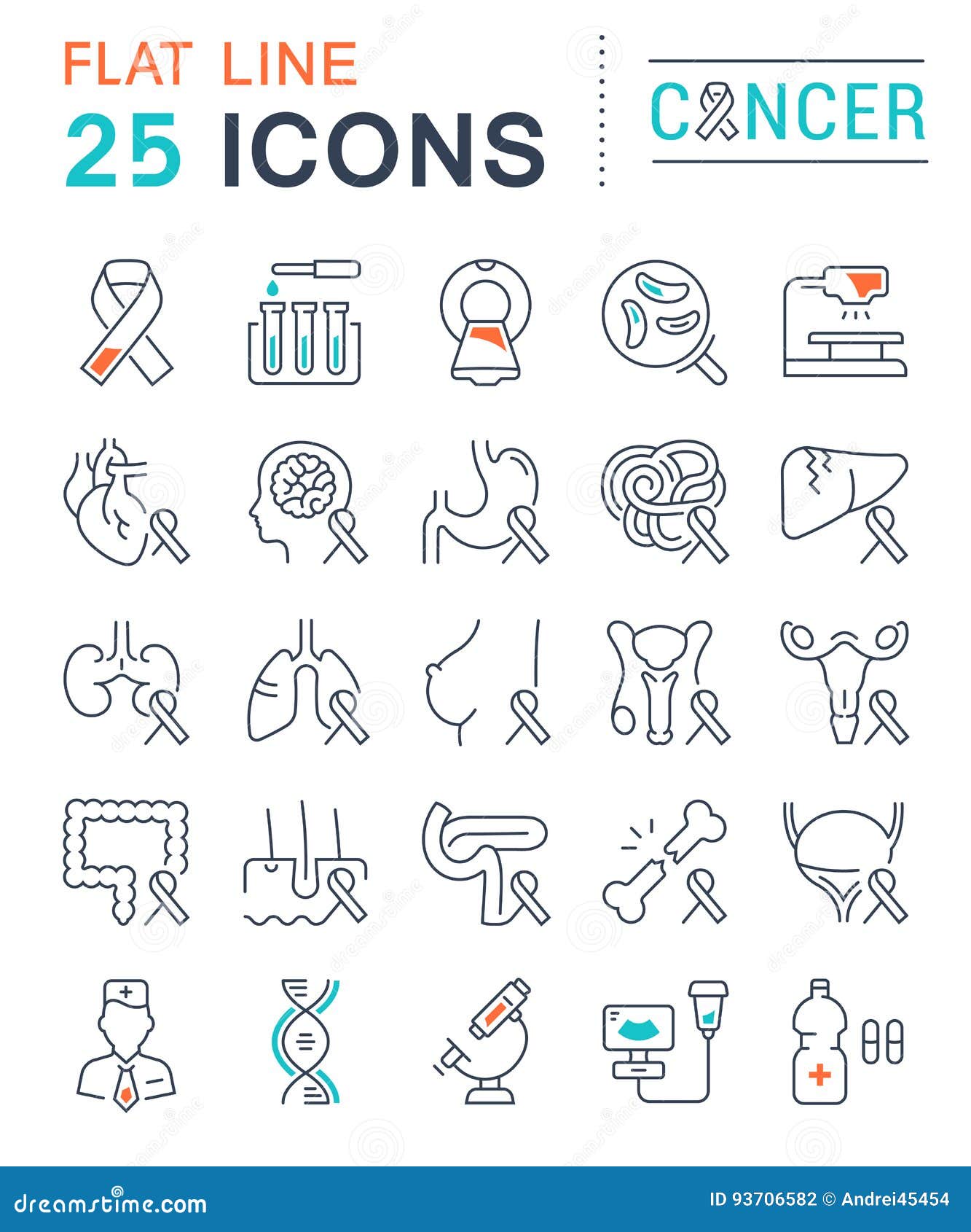 Set Vector Flat Line Icons Cancer Stock Illustration Illustration Of