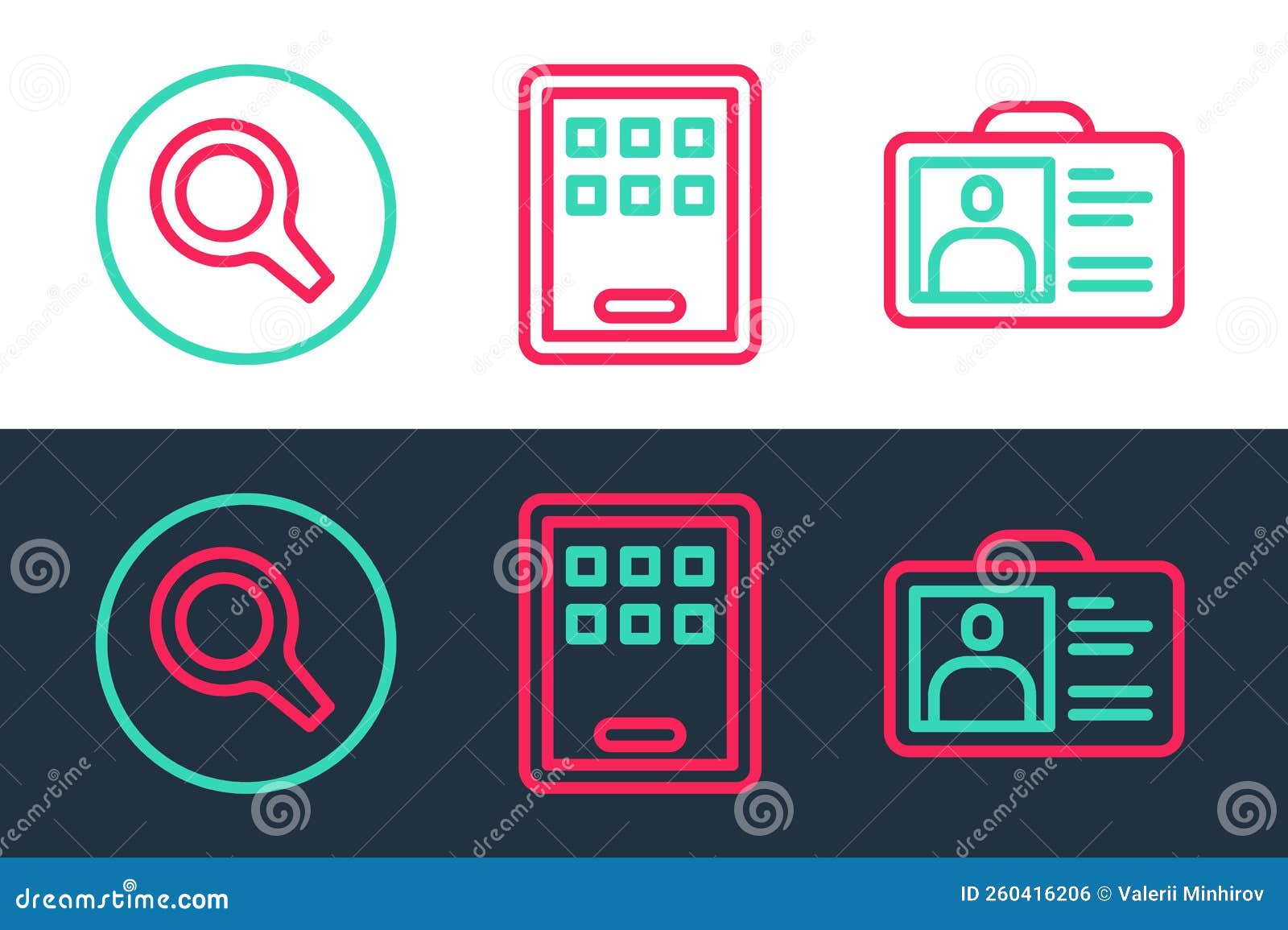 Set Line Identification Badge, Magnifying Glass and Graphic Tablet Icon ...