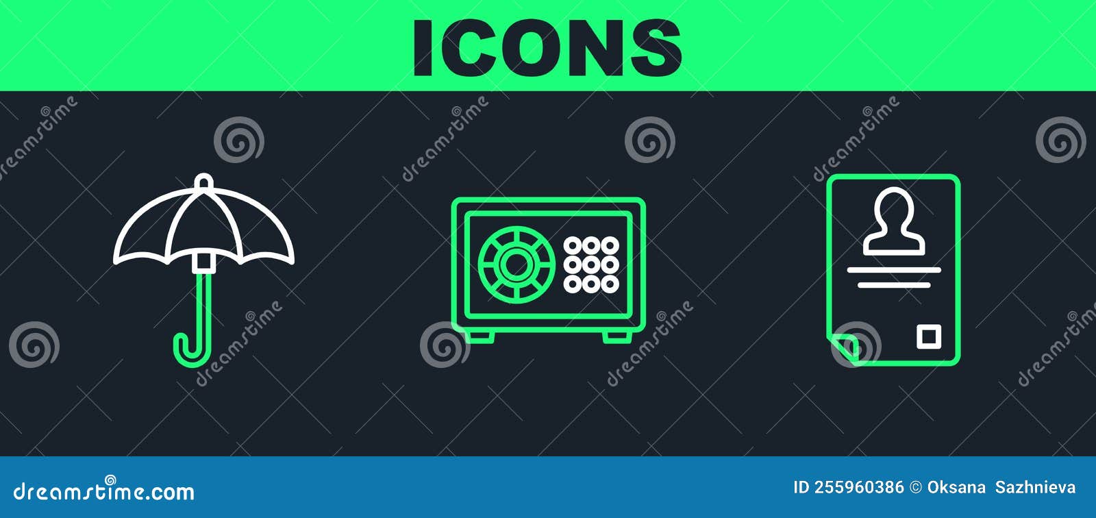 Set Line Identification Badge, Umbrella and Safe Icon. Vector Stock ...