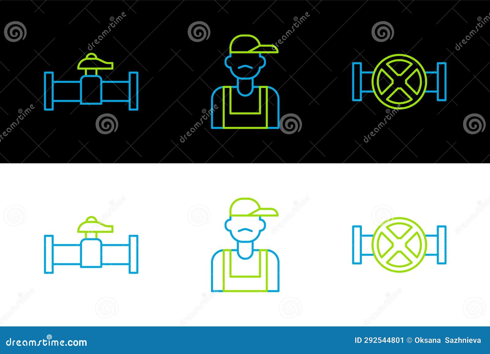 Set Line Industry Pipe and Valve, and Plumber Icon. Vector Stock Vector ...