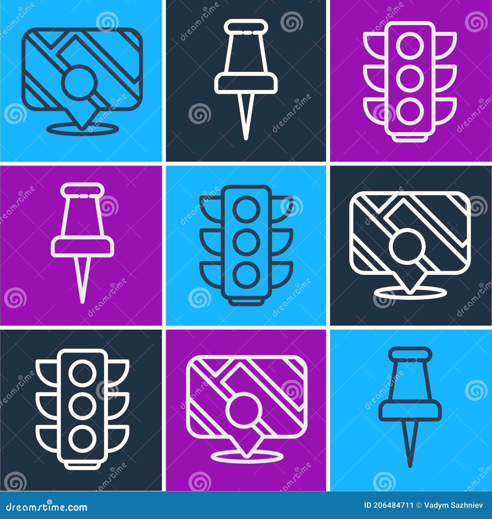 Set Line Infographic of City Map Navigation, Traffic Light and Push Pin ...