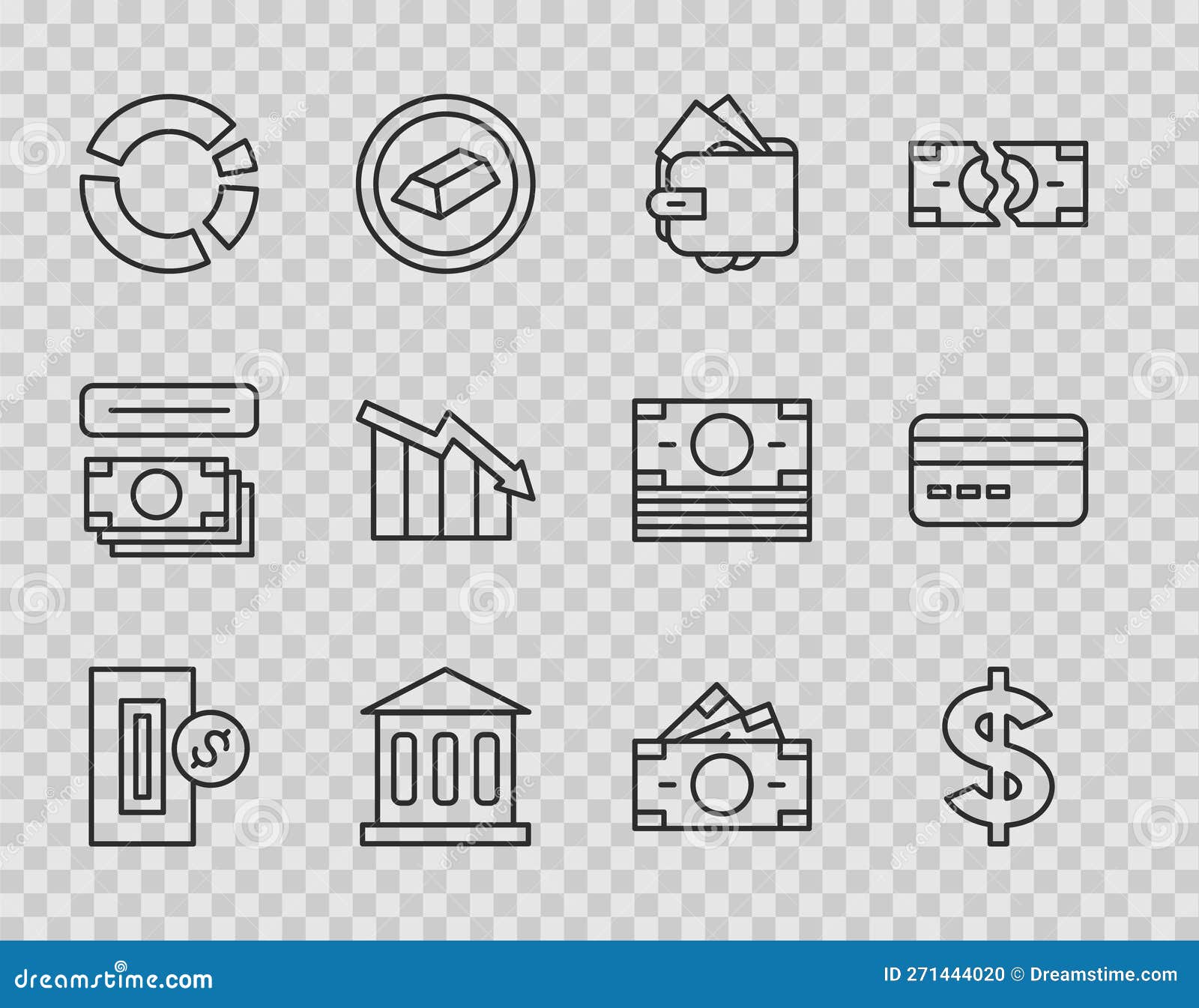 Set Line Inserting Coin, Dollar Symbol, Wallet with Money, Bank Building, Pie Chart Infographic ...