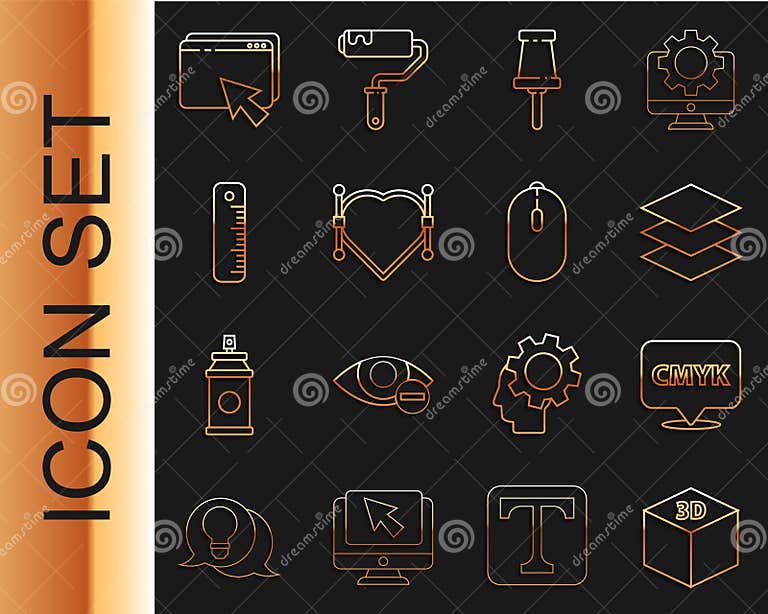 Set Line Isometric Cube, Speech Bubble with Text CMYK, Layers, Push Pin, Heart Bezier Curve ...