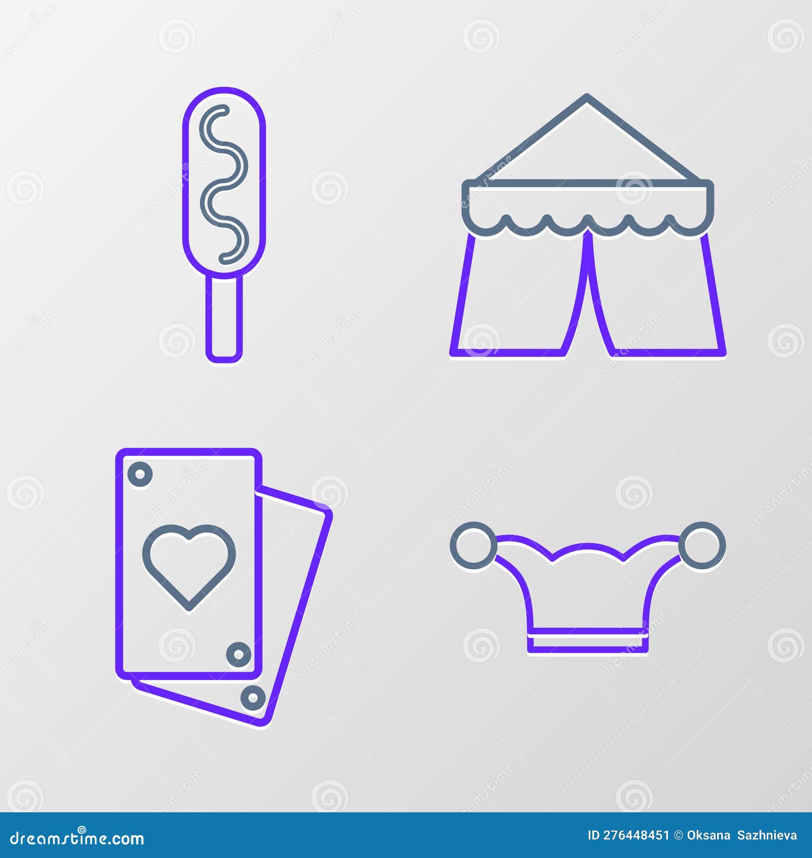 Set Line Jester Hat with Bells, Playing Card, Circus Tent and Corn Dog ...