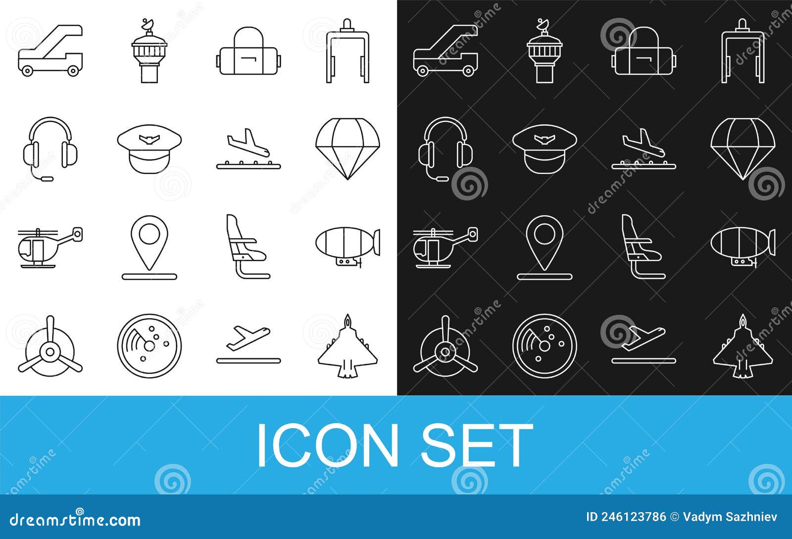 Set Line Jet Fighter, Airship, Parachute, Suitcase, Pilot Hat ... Set Line Jet Fighter, Airship, Parachute, Suitcase, Pilot Hat ...