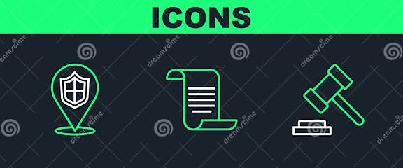 Set Line Judge Gavel, Location Shield and Document with Icon. Vector Stock Illustration ...