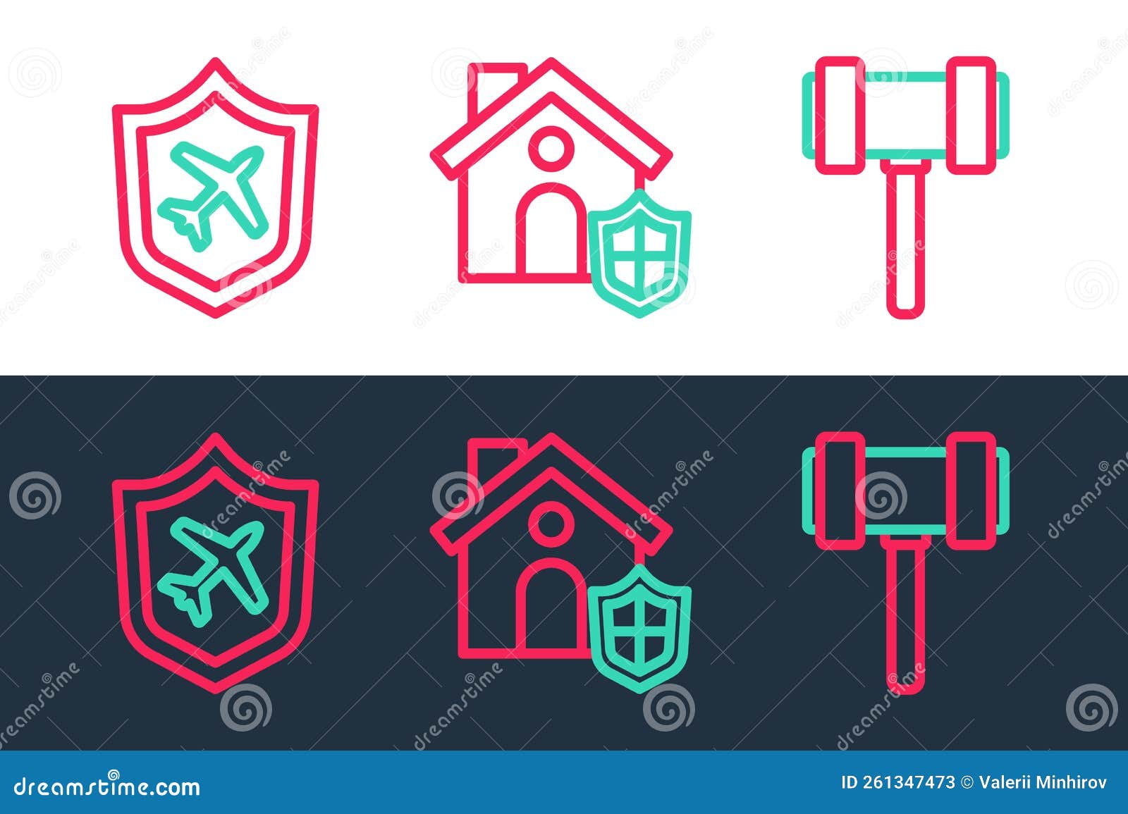 Set Line Judge Gavel, Plane with Shield and House Icon. Vector Stock ... Set Line Judge Gavel, Plane with Shield and House Icon. Vector Stock ...
