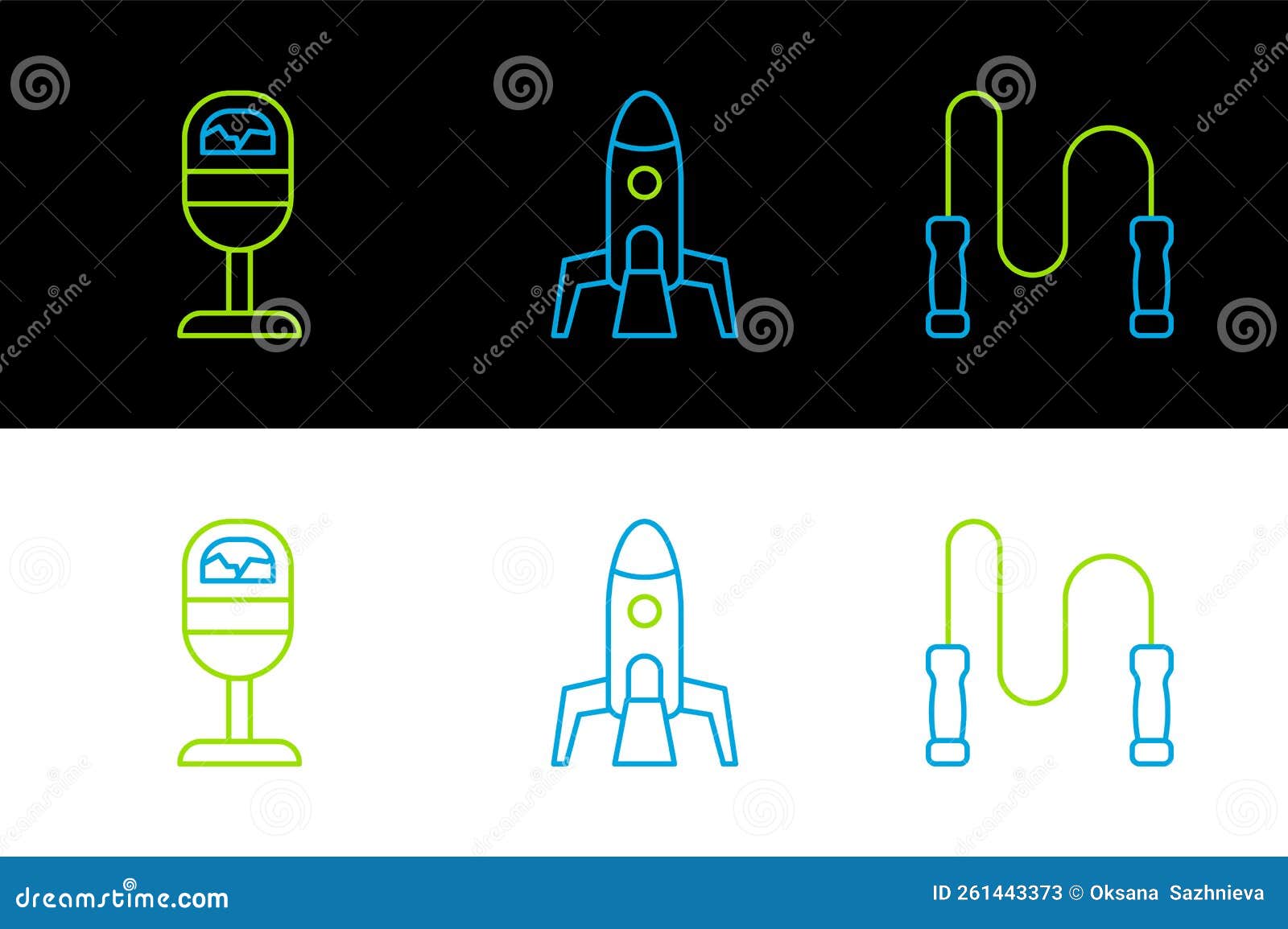 Set Line Jump Rope, Trash Can and Rocket Ship Icon. Vector Stock Vector ...