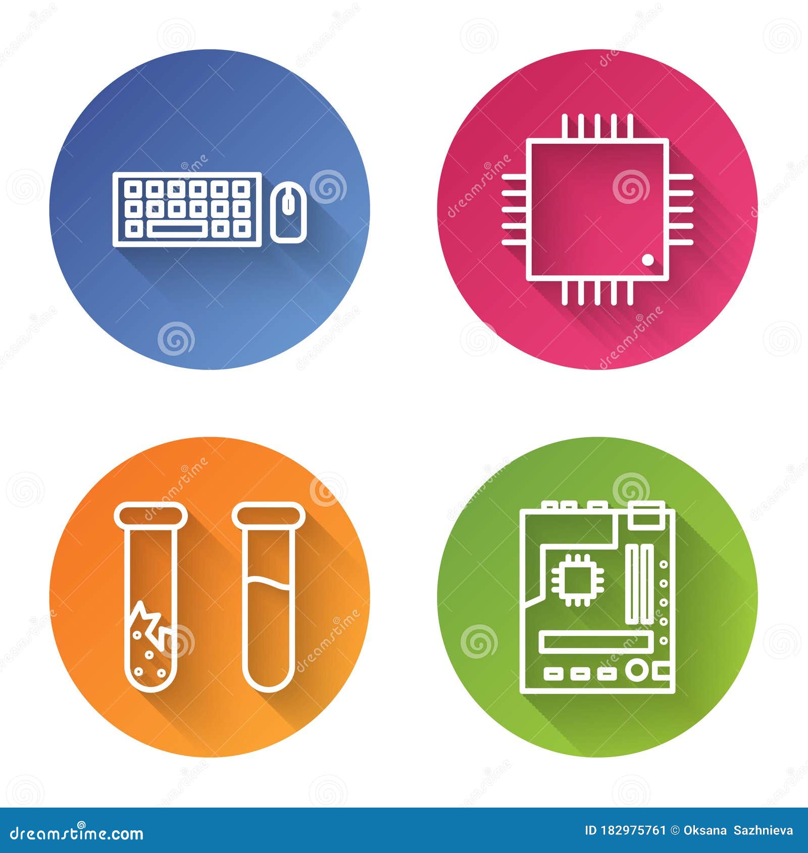 Set Line Keyboard And Mouse Processor With Microcircuits Cpu Test Tube And Flask And