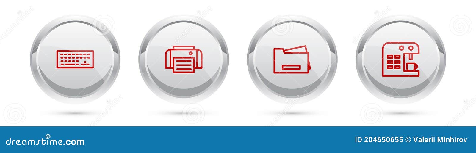 Set Line Keyboard, Printer, and Coffee Machine. Silver Circle Button ...