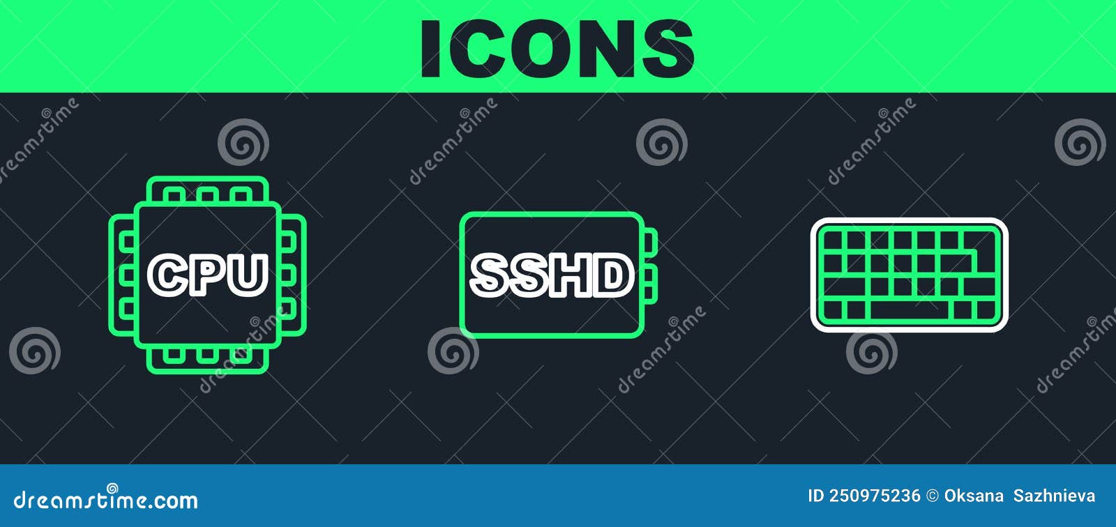 Set Line Keyboard Processor With Cpu And Sshd Card Icon Vector Stock