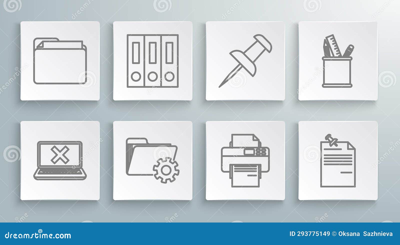 Set Line Laptop and Cross Mark on Screen, Office Folders with Papers ...