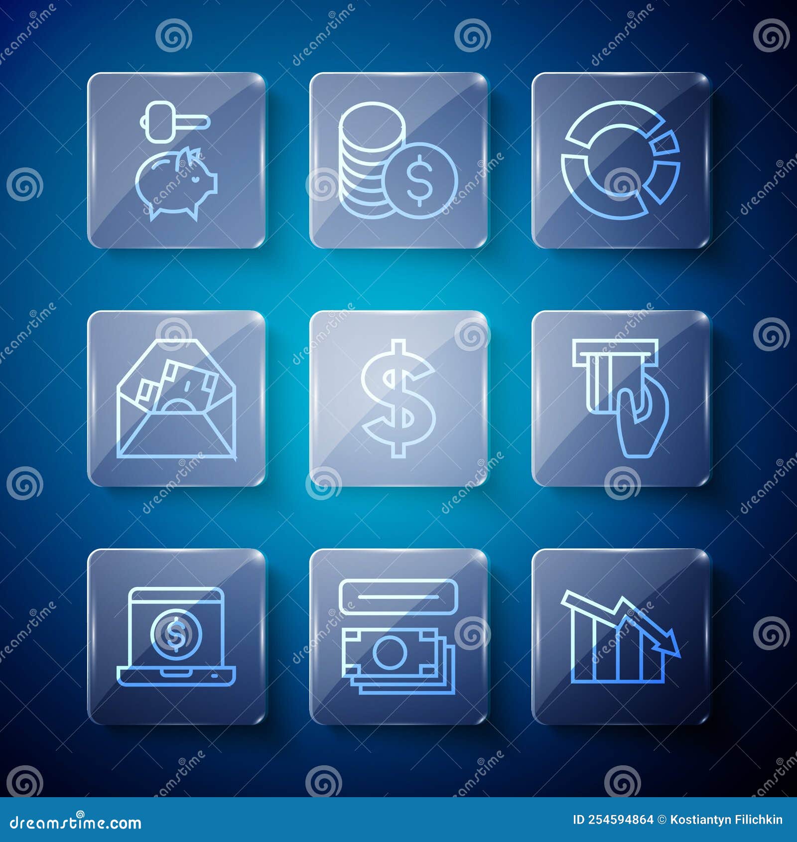 Set Line Laptop with Dollar, ATM and Money, Financial Growth Decrease, Pie Chart Infographic ...