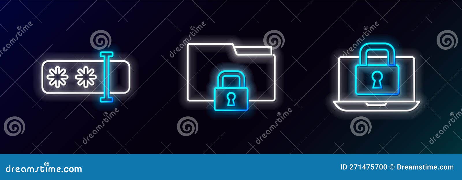 Set Line Laptop and Lock, Password Protection and Folder Icon. Glowing ...