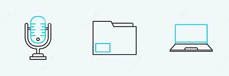 Set Line Laptop, Microphone and Document Folder Icon. Vector Stock ...