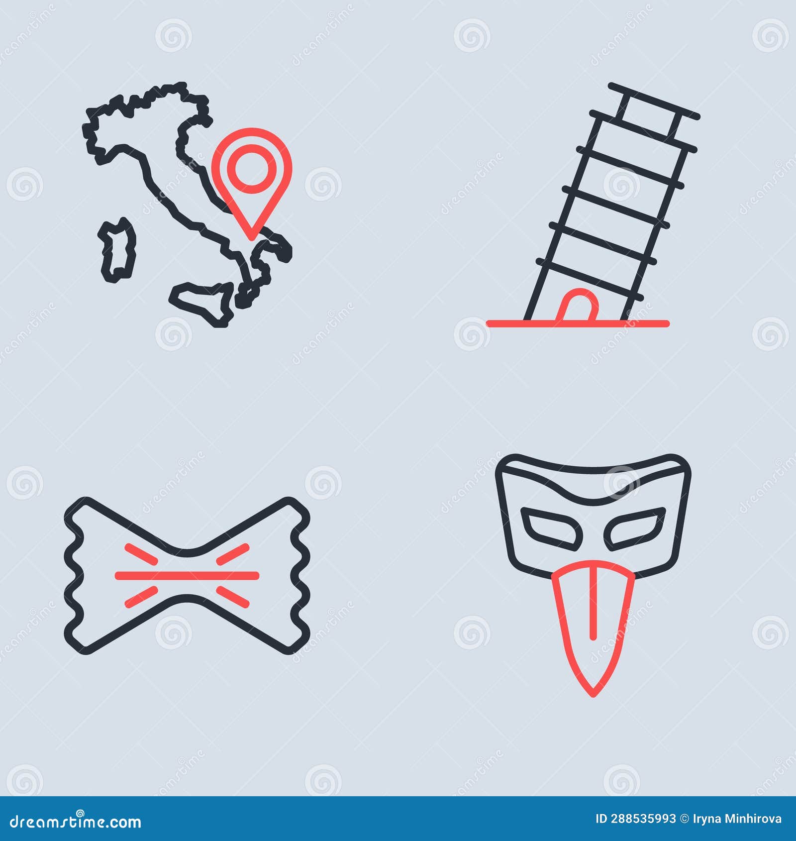 Set Line Leaning Tower in Pisa, Macaroni, Carnival Mask and Map of ...