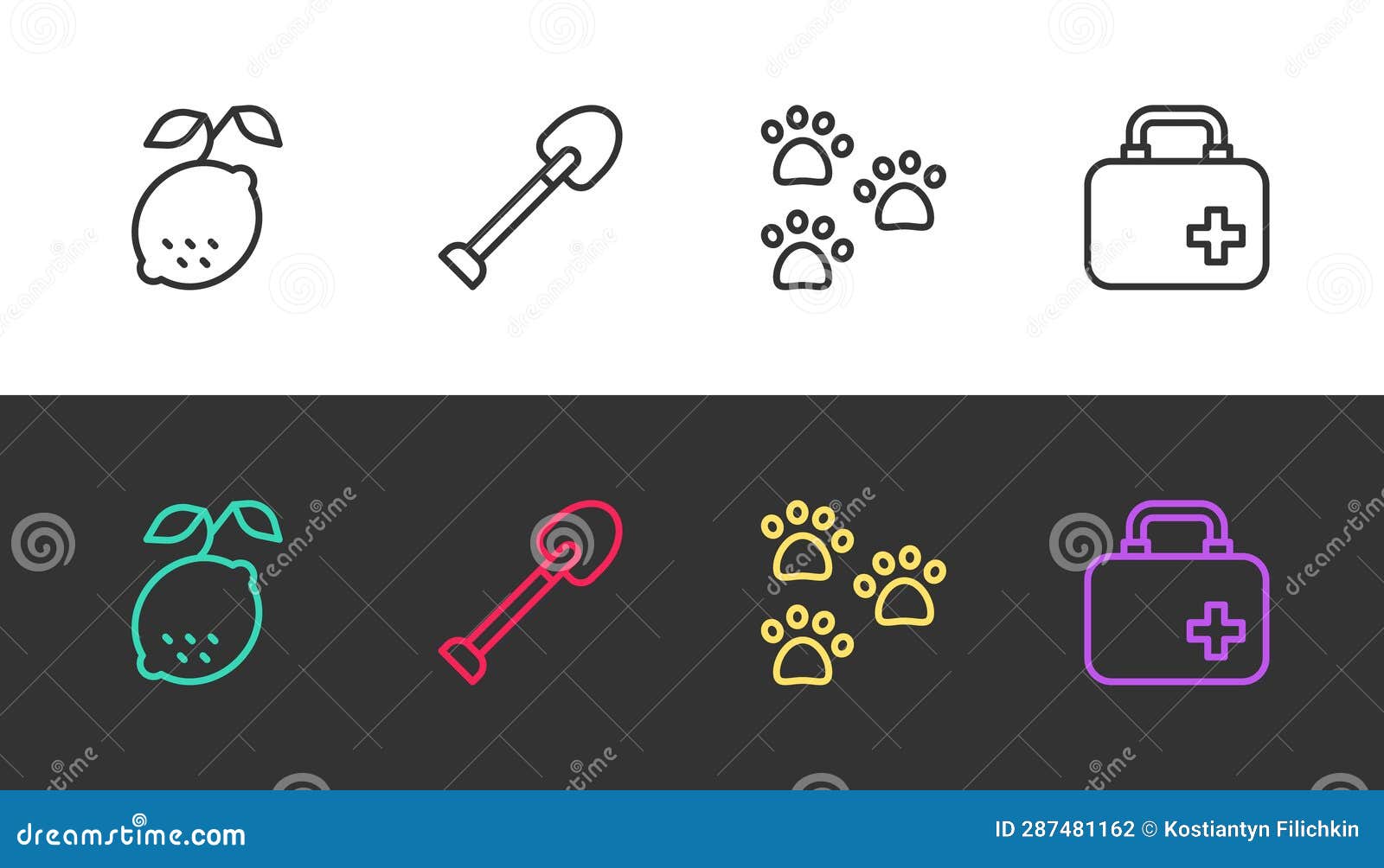 Set Line Lemon, Shovel, Paw Print and First Aid Kit on Black and White ...