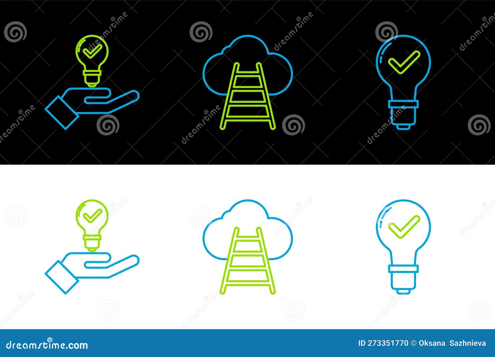 Set Line Light Bulb and Check Mark, in Hand and Ladder Leading To Cloud ...