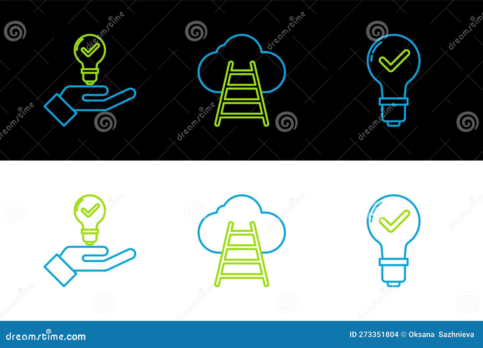 Set Line Light Bulb and Check Mark, in Hand and Ladder Leading To Cloud ...