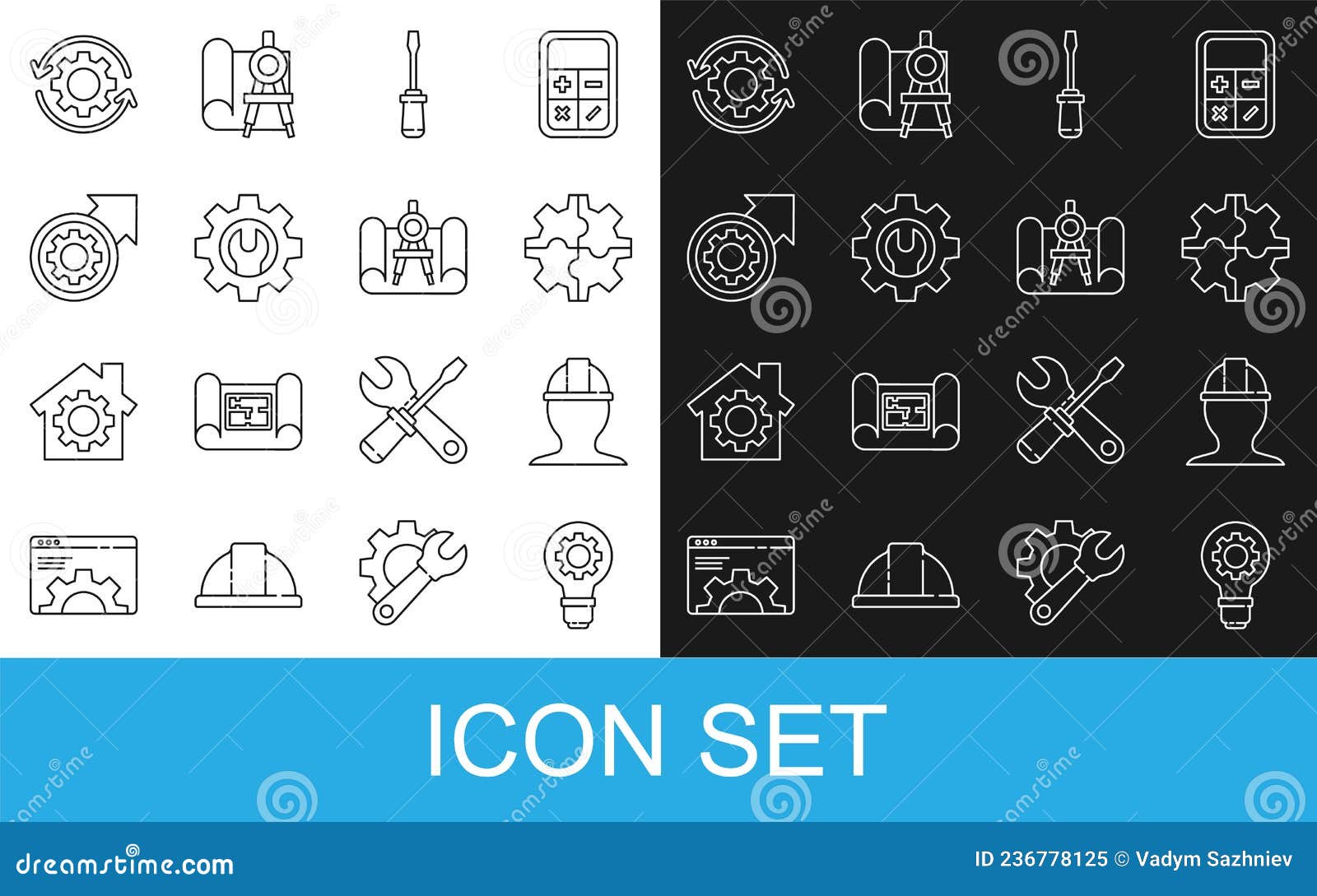 Set Line Light Bulb and Gear, Worker Safety Helmet, Gear, Screwdriver ... Set Line Light Bulb and Gear, Worker Safety Helmet, Gear, Screwdriver ...