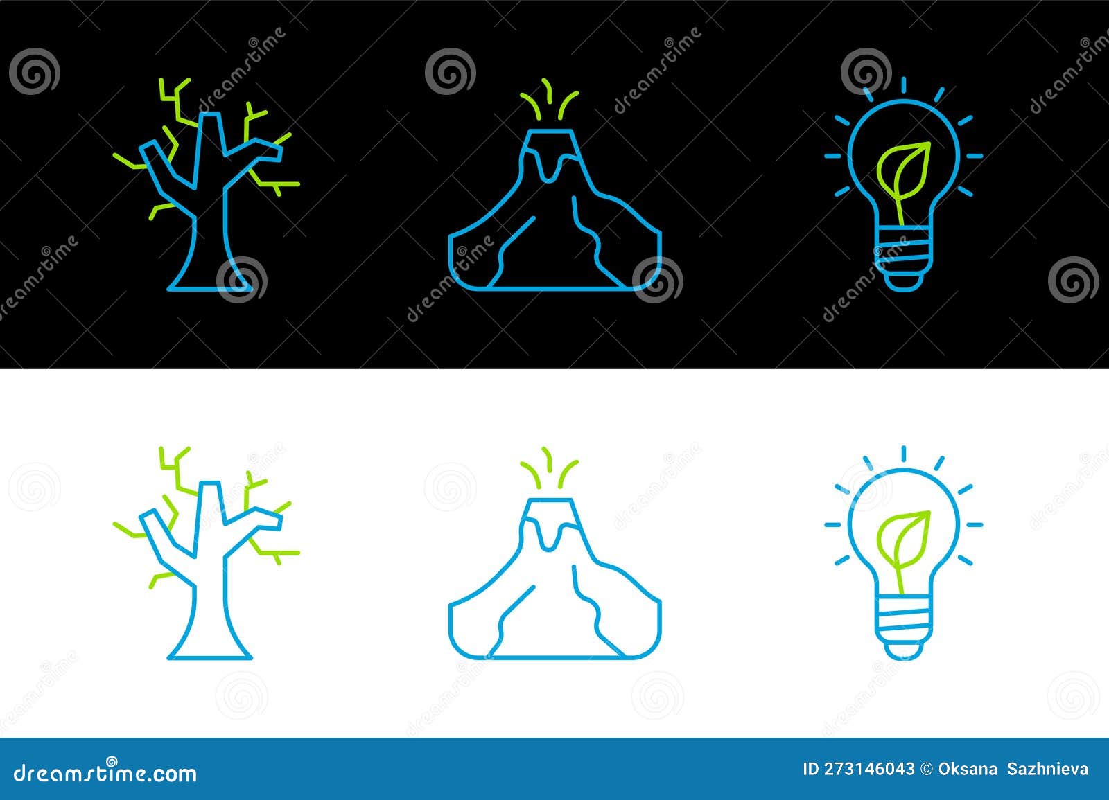 Set Line Light Bulb with Leaf, Withered Tree and Volcano Eruption Lava ...