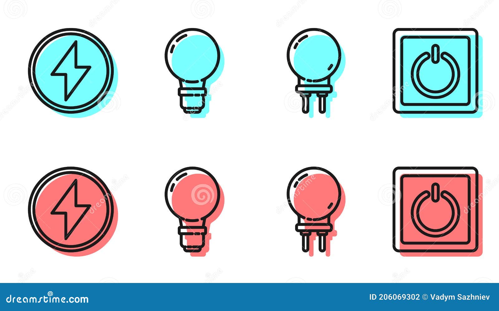 Set Line Light Emitting Diode, Lightning Bolt, Light Bulb with Concept ...