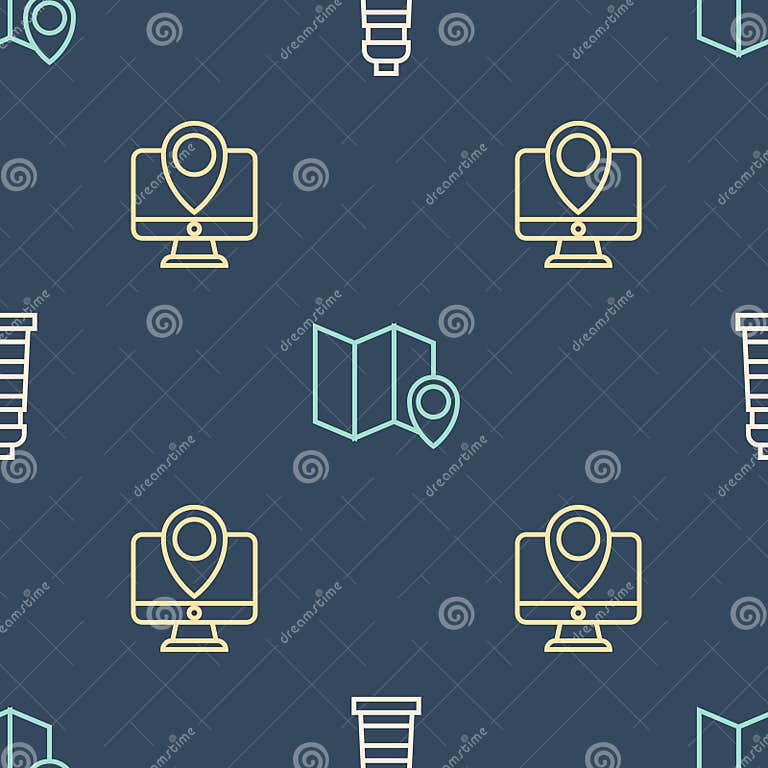 Set Line Lighthouse, Monitor with Location Marker and Folded Map on ... Set Line Lighthouse, Monitor with Location Marker and Folded Map on ...