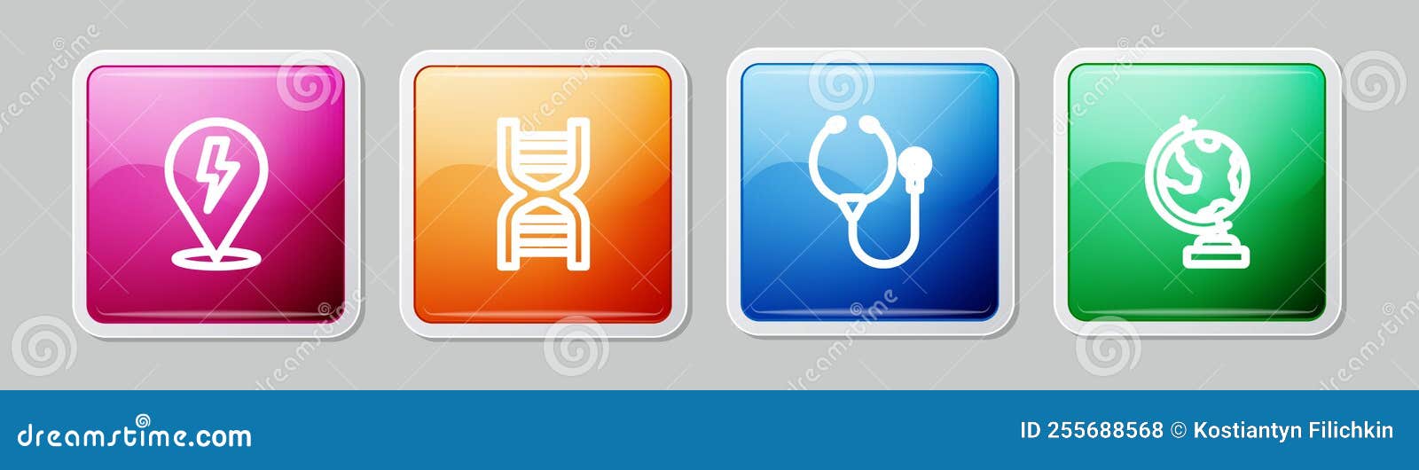 Set Line Lightning Bolt, DNA Symbol, Stethoscope and Earth Globe ...