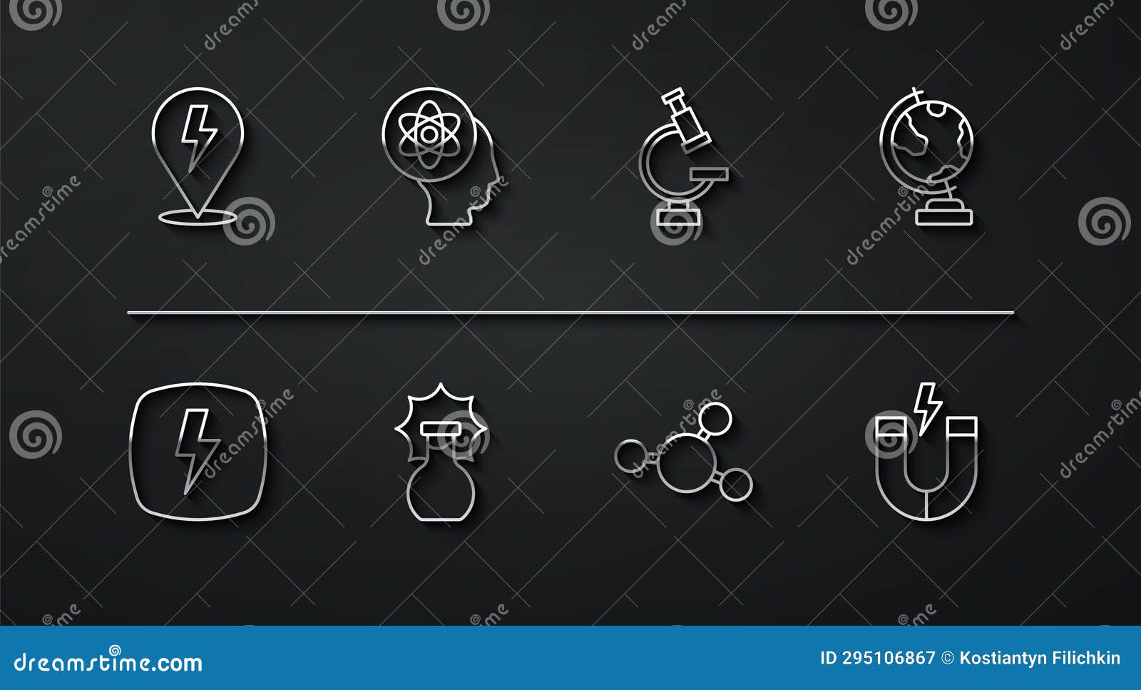 Set Line Lightning Bolt, Earth Globe, Molecule, Explosion the Flask ...