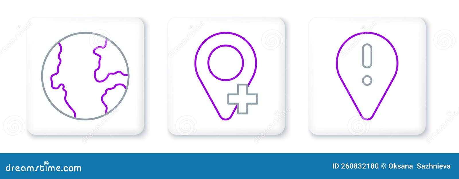 Set Line Location with Exclamation Mark, Earth Globe and Icon. Vector ...