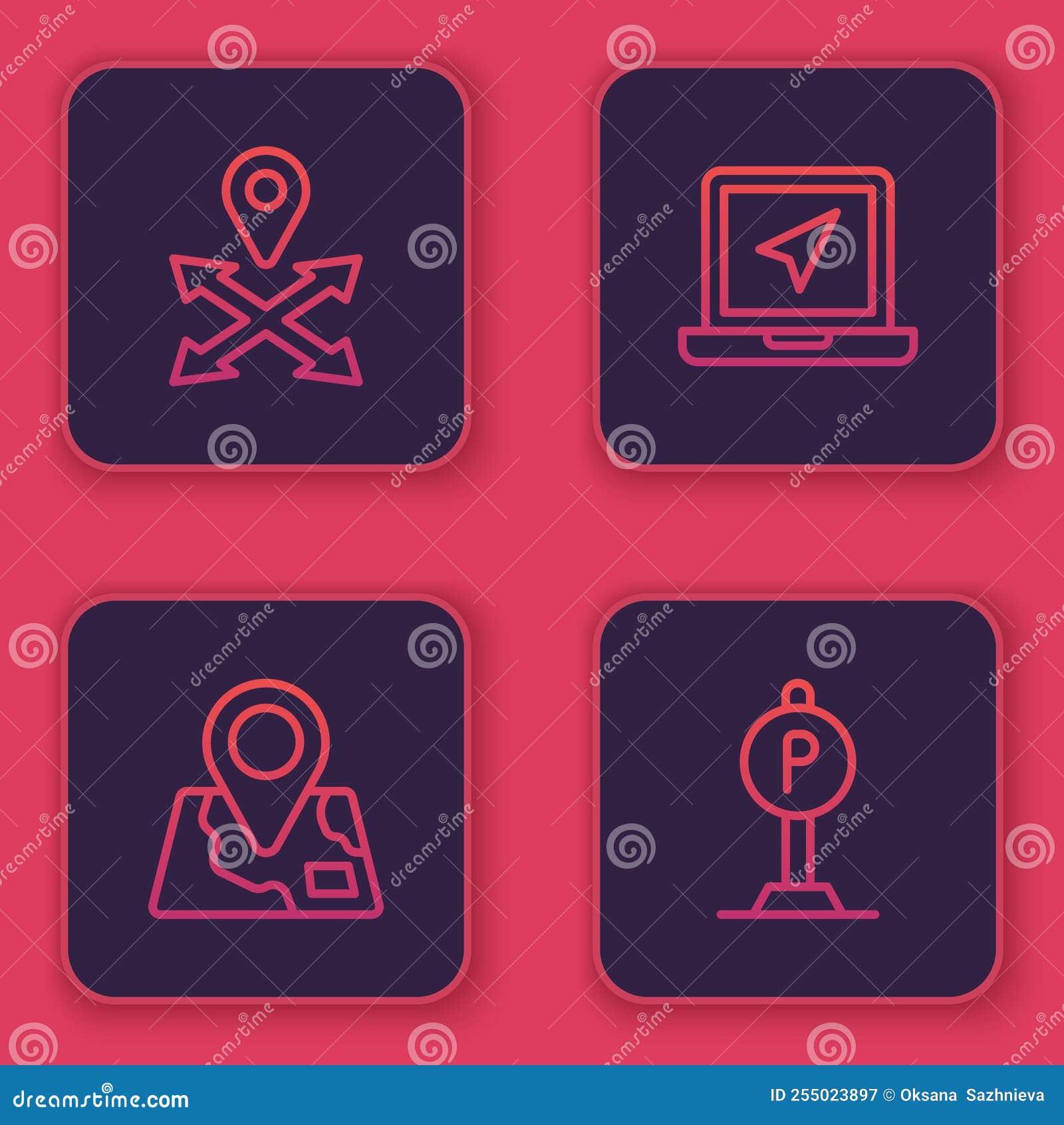 Set Line Location, Folded Map with Location Marker, Laptop and Parking ...