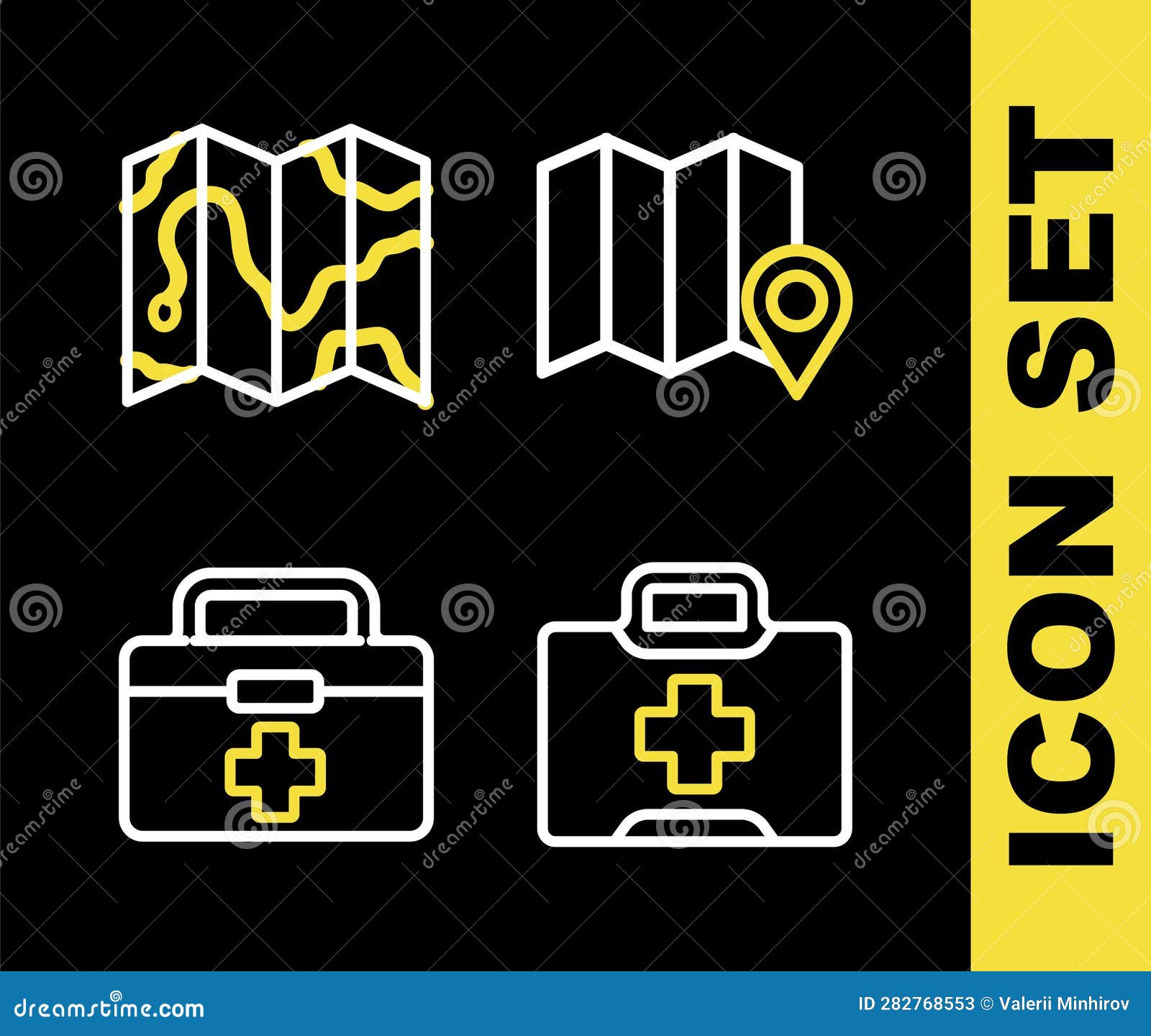 Set Line Location of the Forest on Map, First Aid Kit, and Icon. Vector ...