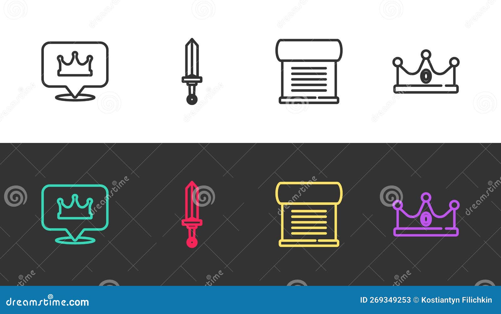 Set Line Location King Crown, Medieval Sword, Decree, Parchment, Scroll ...