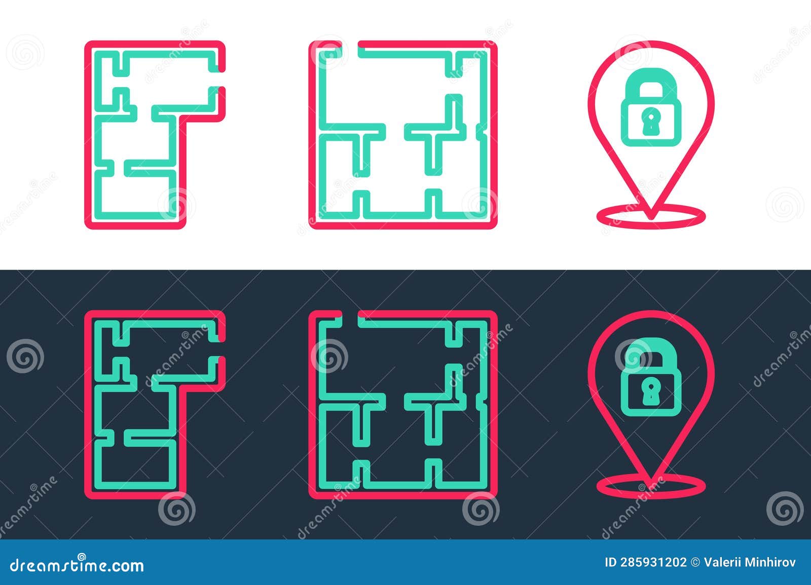 Set Line Location Lock, House Plan and Icon. Vector Stock Vector ...