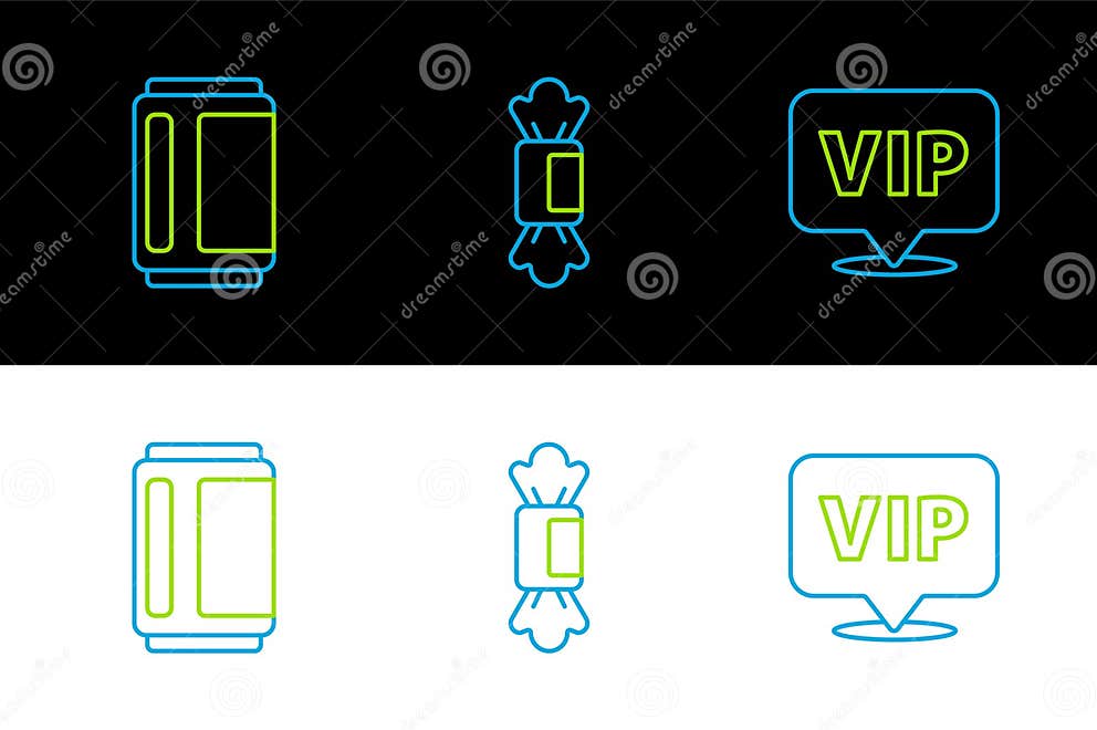 Set Line Location Vip, Beer Can and Candy Icon. Vector Stock ...