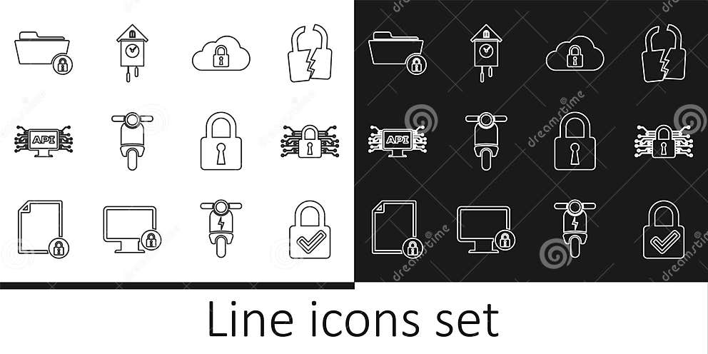 Set Line Lock and Check Mark, Cyber Security, Cloud Computing Lock, Scooter, Computer Api ...