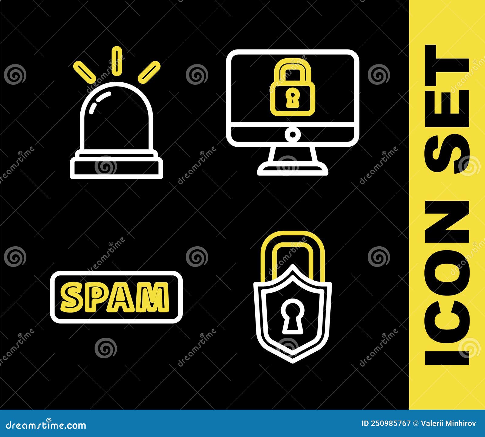Set Line Lock on Computer Monitor, Spam and Motion Sensor Icon. Vector Stock Vector ...