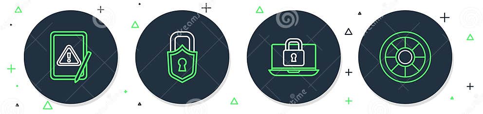 Set Line Lock, Laptop and Lock, Tablet with Exclamation Mark and Safe ...