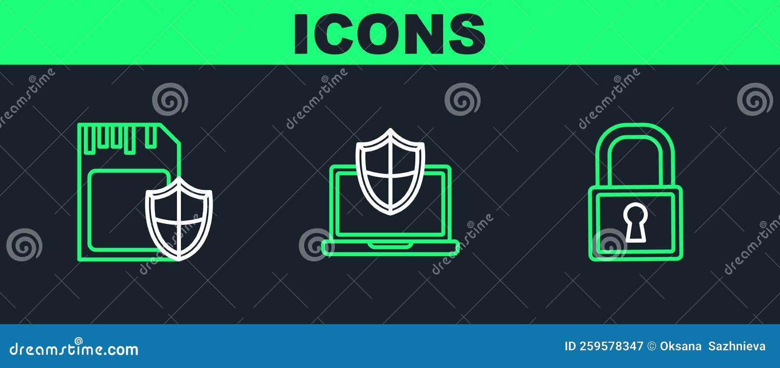 Set Line Lock, SD Card and Shield and Laptop Protected with Icon ...