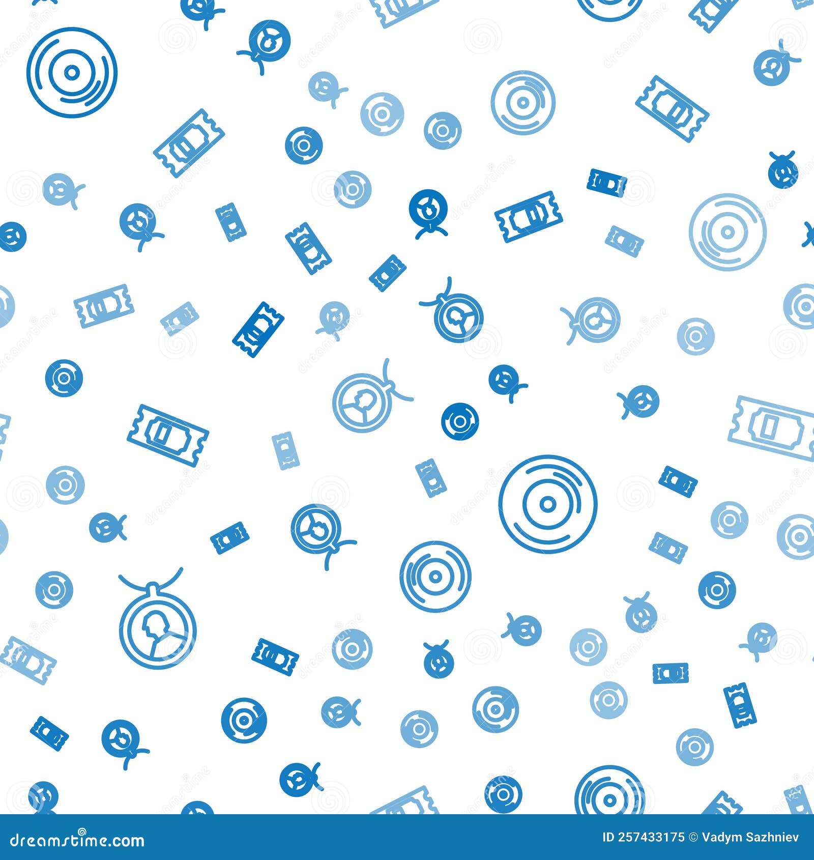 Set Line Locket on Necklace, Vinyl Disk and Cinema Ticket on Seamless ...