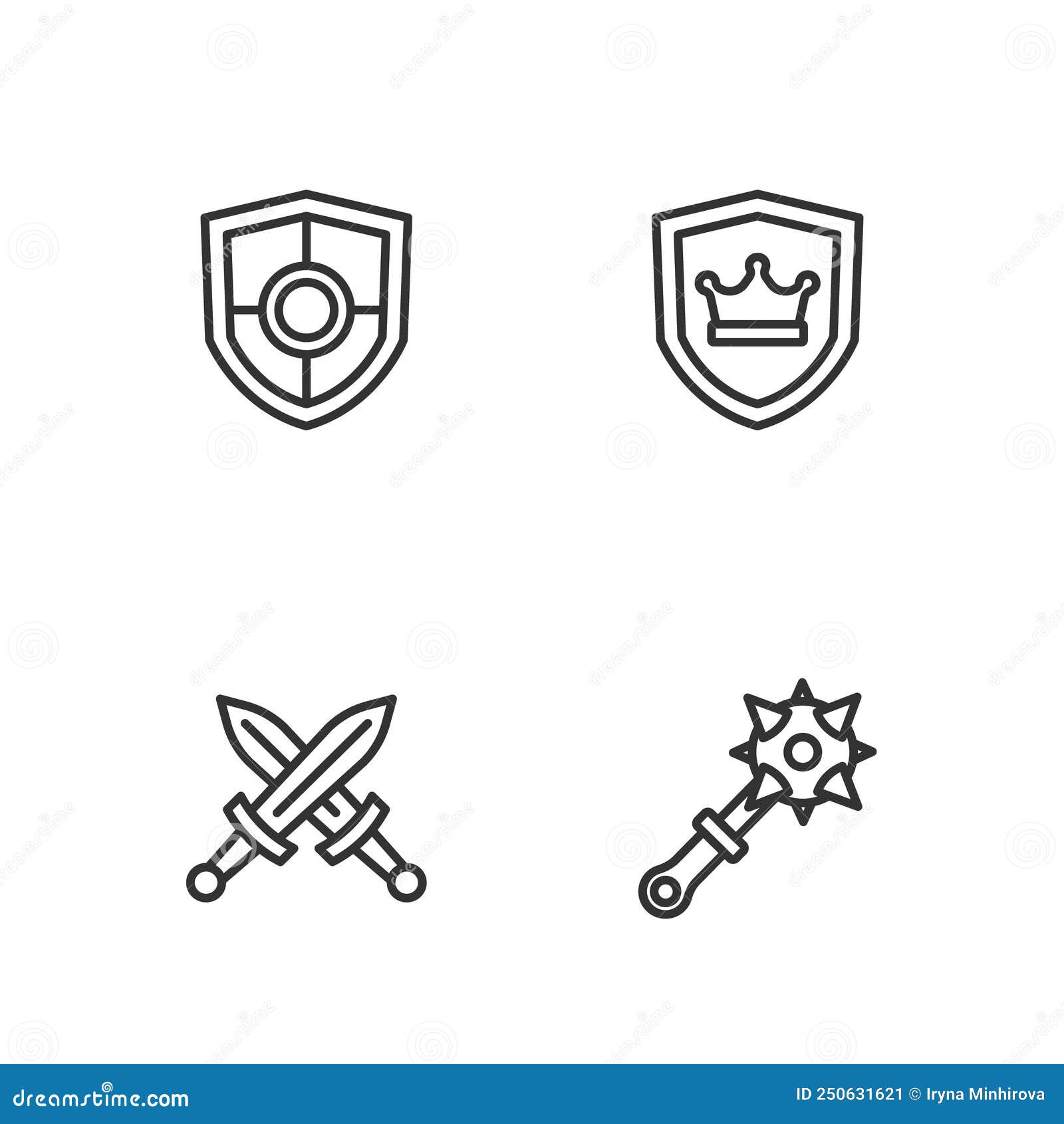Set Line Mace with Spikes, Crossed Medieval Sword, Shield and Crown ...